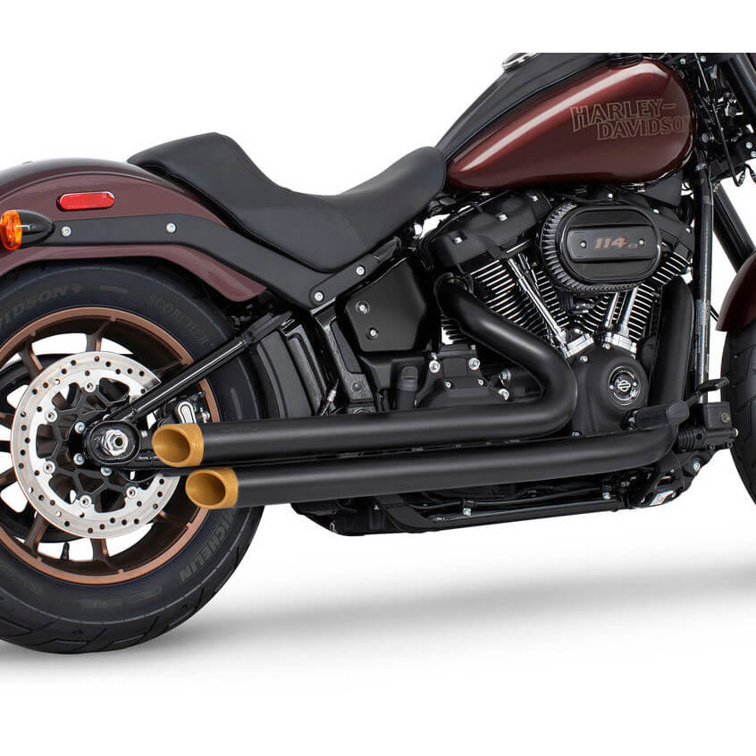 Freedom Independence Staggered Duals Exhaust, Slash Solid Gold Caps for Softail '18 ...